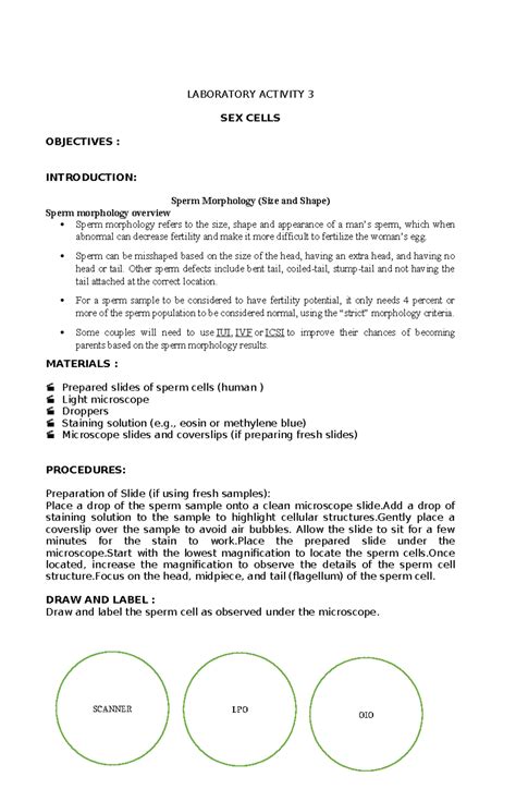 Sperm Analysis Laboratory Activity 3 Sex Cells Objectives