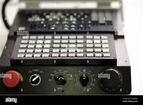 Close Up View Of Cnc Lathe Machine Control Panel Selective Focus Stock