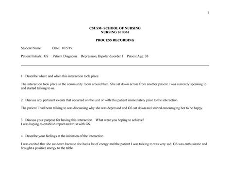 Process Recording Assignment Csusm School Of Nursing Nursing 261