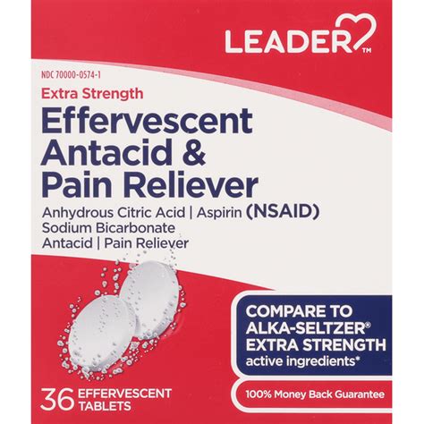 Leader Effervescent Antacid And Pain Reliver Extra Strength Tablets 36