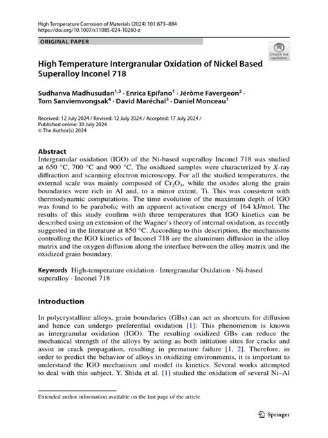 High Temperature Intergranular Oxidation Of Nickel Based Superalloy Inconel 718 Pdf
