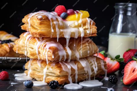 Premium Ai Image Stack Of Flaky Puff Pastries Filled With Fruit And Drizzled With Icing