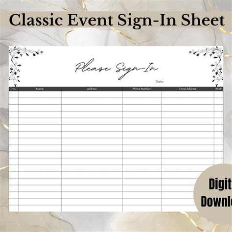 Event Sign In Sheet Etsy