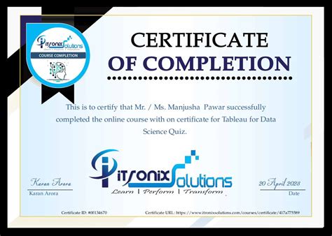 Completed The Itronix Solutions Tableau For Data Science Quiz Course