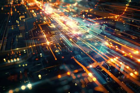 Dynamic Digital Landscape With Light Trails Representing Data Flow And