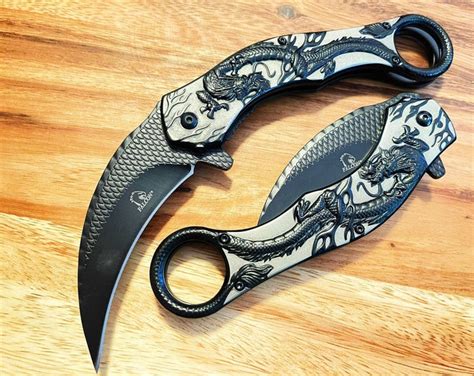 9 Luxury Karambit Spring Assisted Pocket Knife 3d Black Dragon Fiery