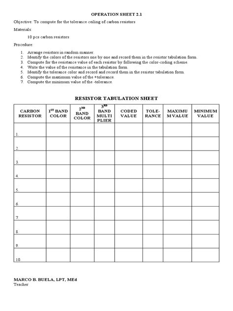 Operation Sheet 21 Resistor Tabulation Sheet Pdf