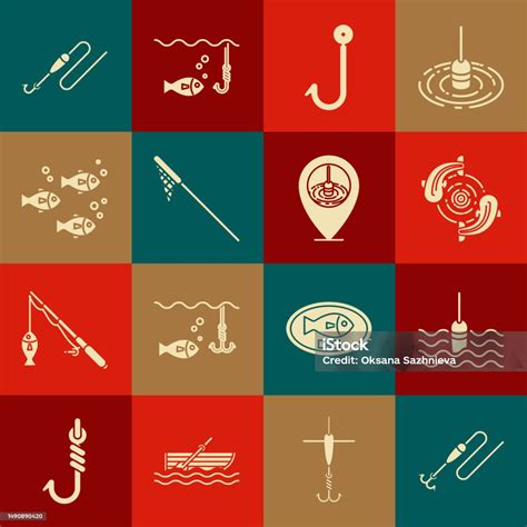 Atur Tali Pancing Dengan Kail Dan Pelampung Air Jaring Dan Ikon Lokasi Memancing Vektor