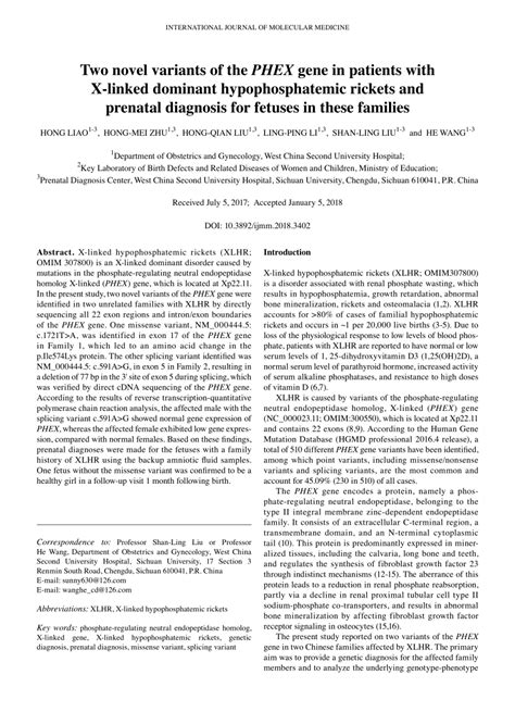 Pdf Two Novel Variants Of The Phex Gene In Patients With X‑linked Dominant Hypophosphatemic