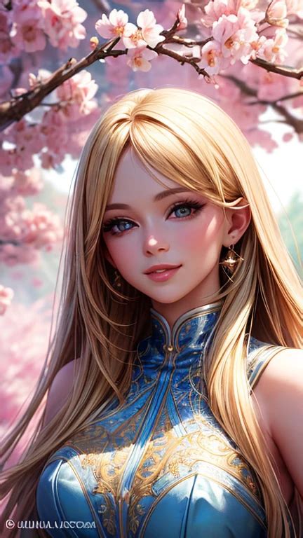 A Woman With Long Blonde Hair And Blue Dress Standing In Front Of A