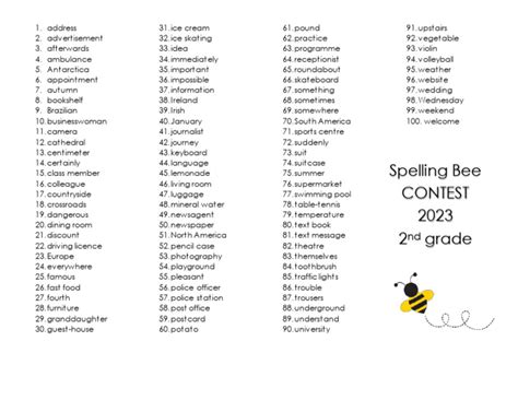 Spelling Bee Words For 2nd Grade 2023 Pdf