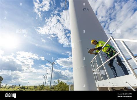 Wind Turbine Technician Checking Service Engineer Team Professional Working Maintenance Clean