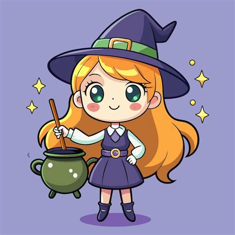 Cartoon Witch Girl Cooking Magic Vector Illustration | Premium AI-generated vector
