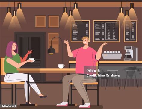 카페 바 벡터 플랫 그래픽 디자인 일러스트 컨셉으로 커피를 마시는 남자 남자 여성 캐릭터 우정에 대한 스톡 벡터 아트 및 기타 이미지 우정 저녁 식사 고객 Istock
