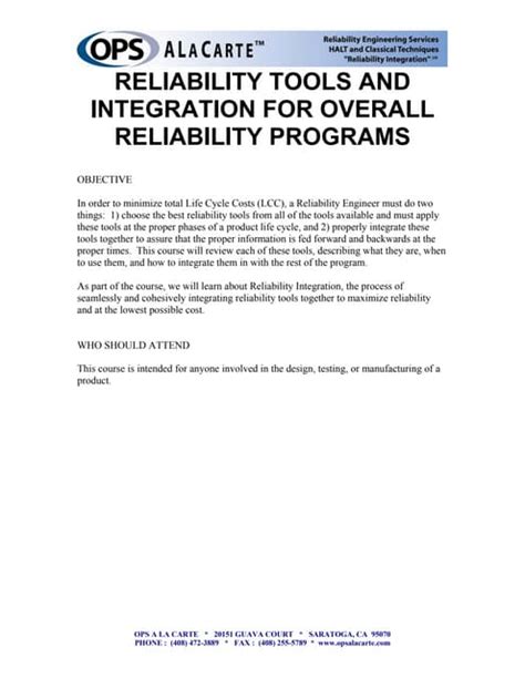Reliability Tools And Integration Seminar Outline Pdf