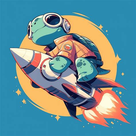 Premium Vector A Turtle Riding A Rocket Cartoon Style