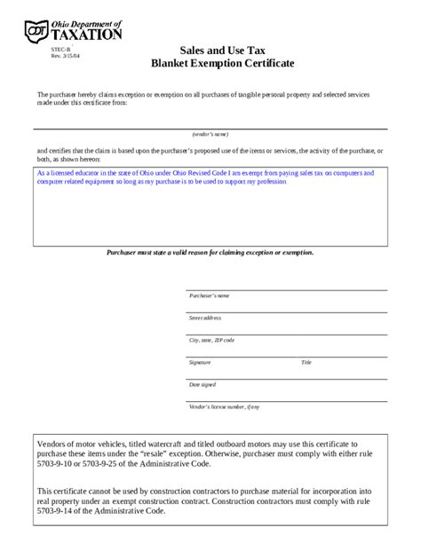 Stec B Sales And Use Tax Rev 3 15 04 Blanket Exemption Certificate Doc Template Pdffiller