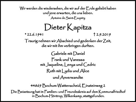 Traueranzeigen Von Dieter Kapitza Trauer In Nrw De
