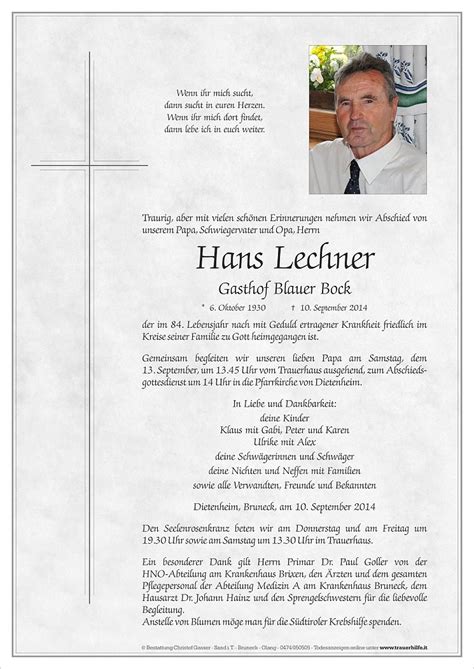 Hans Lechner Aus Bruneck Trauerhilfe It Das Südtiroler Gedenkportal