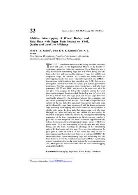 Pdf Additive Intercropping Of Wheat Barley And Faba Bean With Sugar