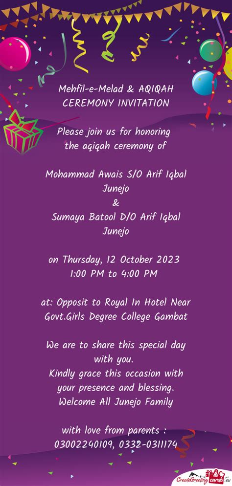 Mehfil E Melad And Aqiqah Ceremony Invitation Free Cards