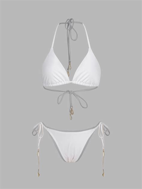 Shell Bead Detail Halter Triangle Bikini Swimsuit For Vacation Swimming