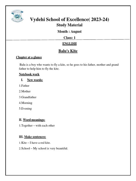 Grade1 August Month Eng Hinandkannada Langu Study Material Pdf