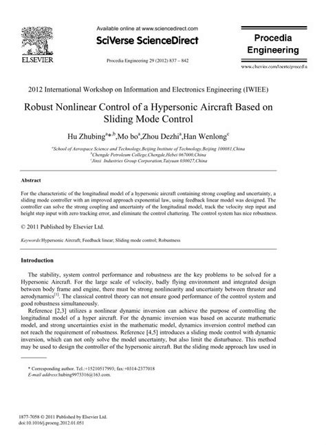 Pdf Robust Nonlinear Control Of A Hypersonic Aircraft Based On Sliding Mode Control Dokumentips