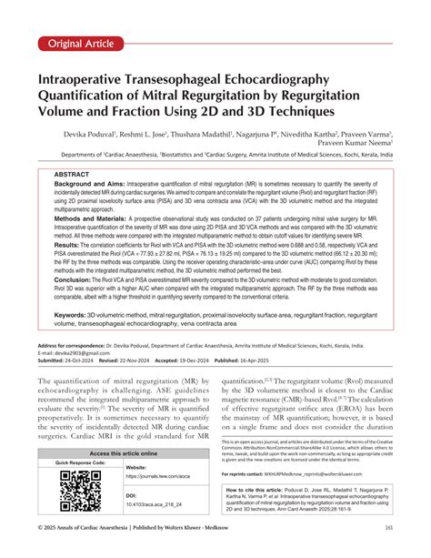 Pdf Intraoperative Transesophageal Echocardiography Quantification Of Mitral Regurgitation By