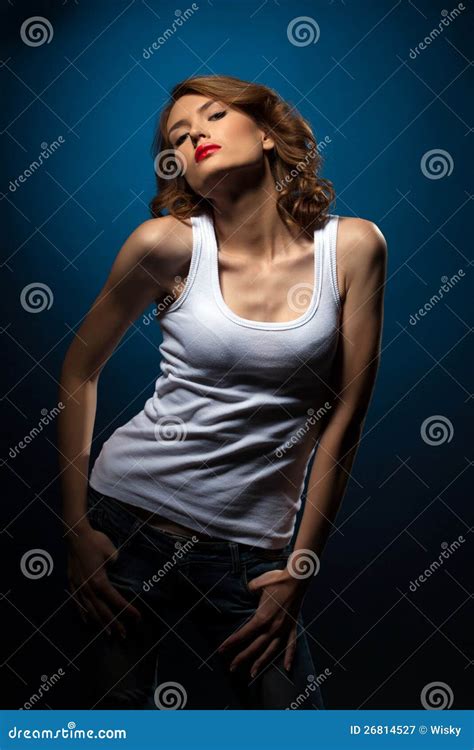 Young Woman In Jeans White Tank Top Stock Image Image Of Woman Blond