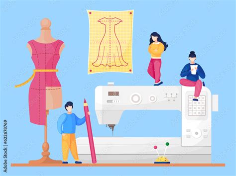 Sewing Workshop With Designers At Sewing Machine Background Sewers Working With Sewing Pattern
