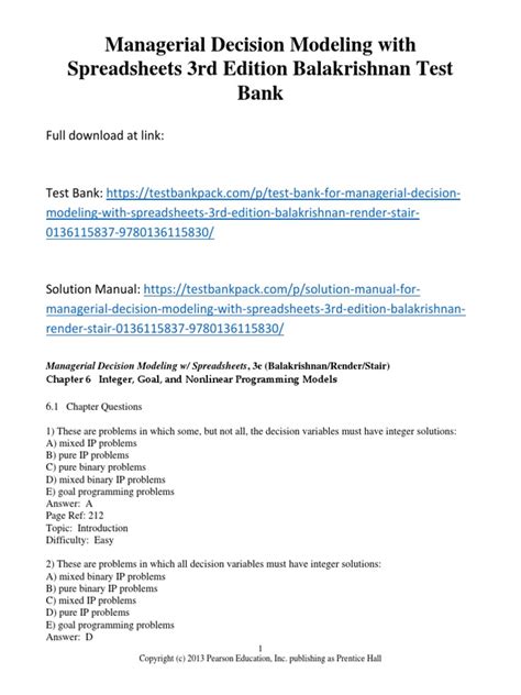 Managerial Decision Modeling With Spreadsheets 3rd Edition Balakrishnan