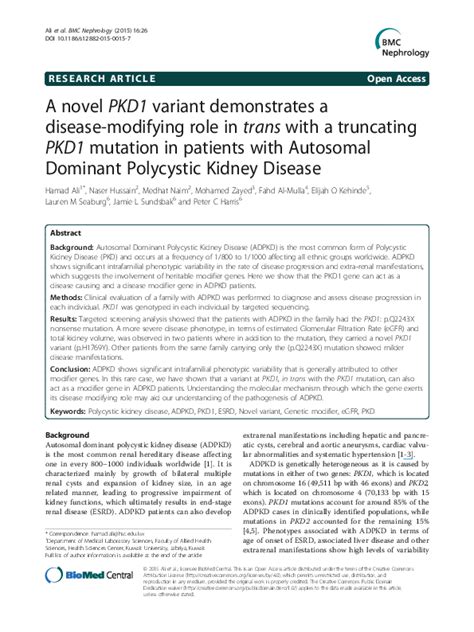 Pdf A Novel Pkd1 Variant Demonstrates A Disease Modifying Role In Trans With A Truncating Pkd1