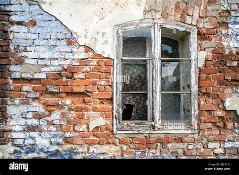 Old Brick Wall And Wooden Broken Window A Broken Window In An Old