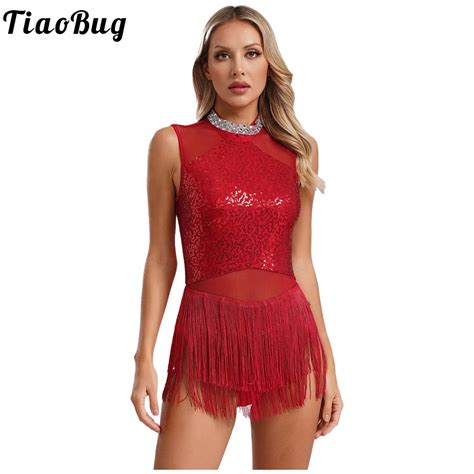 Women Sequins Tassel Latin Tango Salsa Dance Dress Sleeveless Fringed