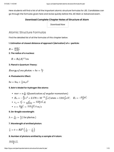 Jee Important Atomic Structure Formulas For Jee Pdf Atomic Orbital Atomic Physics