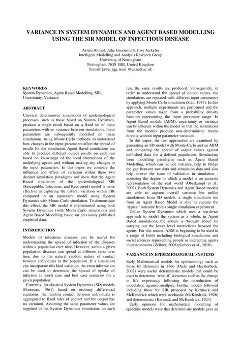Pdf Variance In System Dynamics And Agent Based Modelling Using The Sir Model Of Infectious