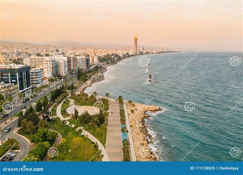 Aerial View Of Limassol City Coast In Cyprus Walk Path Molos Park With