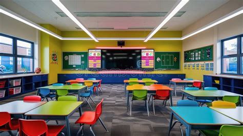 Elementary School Classroom With Colorful Desks And Chairs In A Grid