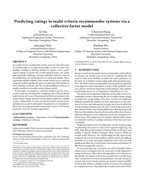 Pdf Predicting Ratings In Multi Criteria Recommender Systems Via A Collective Factor Model