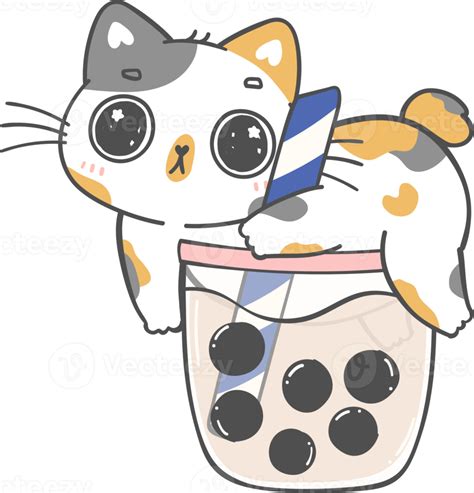 Kawaii Funny Bubble Tea Cat Lover Cute Boba Tea Kitten Cartoon Doodle Hand Drawing 22025799 Png