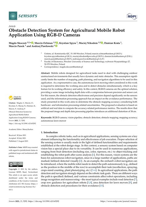 PDF Obstacle Detection System For Agricultural Mobile Robot Application Using RGB D Cameras