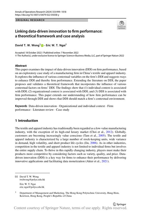 Linking Data Driven Innovation To Firm Performance A Theoretical Framework And Case Analysis