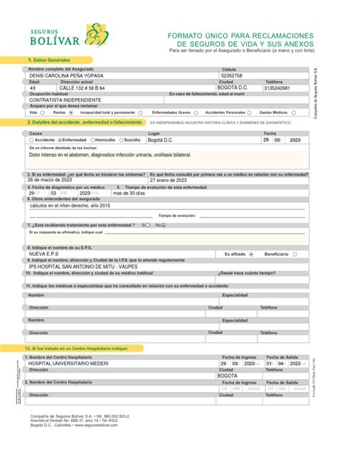 Formato De Reclamación Seguros Bolívar Pdf Ciencias De La Salud