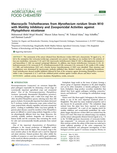 Pdf Macrocyclic Trichothecenes From Myrothecium Roridum Strain M10