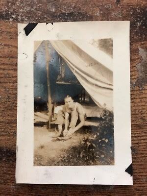 Vintage Photo Ymca Camp Weona Buffalo Ny Guy Beefcake Tieing Shoe Tent