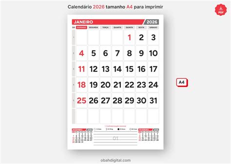 Calendário 2026 Digital Imprimir A4 Obah Digital