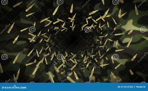 Flying Many Ammunition Bullets On Green Camouflage Background Military Concept 3d Loop