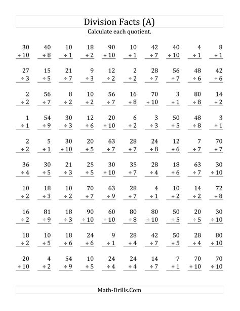 The Vertically Arranged Division Facts To 100 A Math Worksheet From