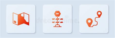 Set Road Barrier Folded Map And Route Location White Square Button Stock Vector Illustration